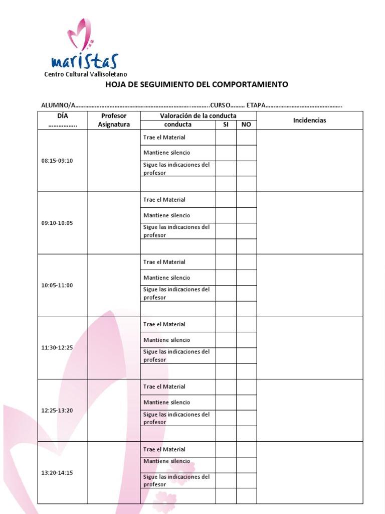 Formato Hoja de seguimiento del comportamiento del alumno