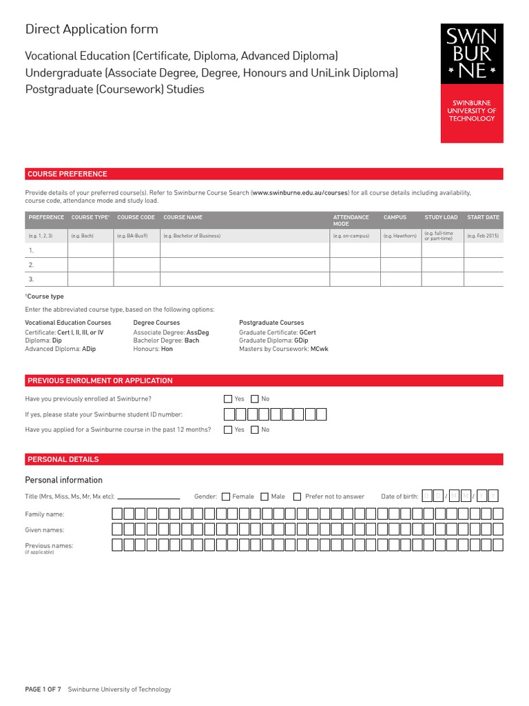 Swinburne University of Technology Direct Application Form June 2015 ...