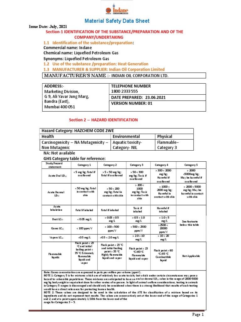 MSDS for Indane LPG | PDF | Dangerous Goods | Toxicity