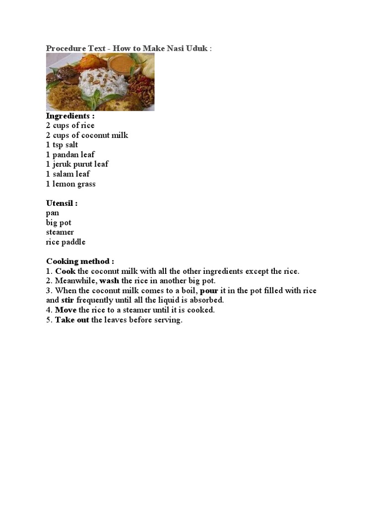 Procedure Text - How To Make Nasi Uduk:: Ingredients | PDF | Language ...