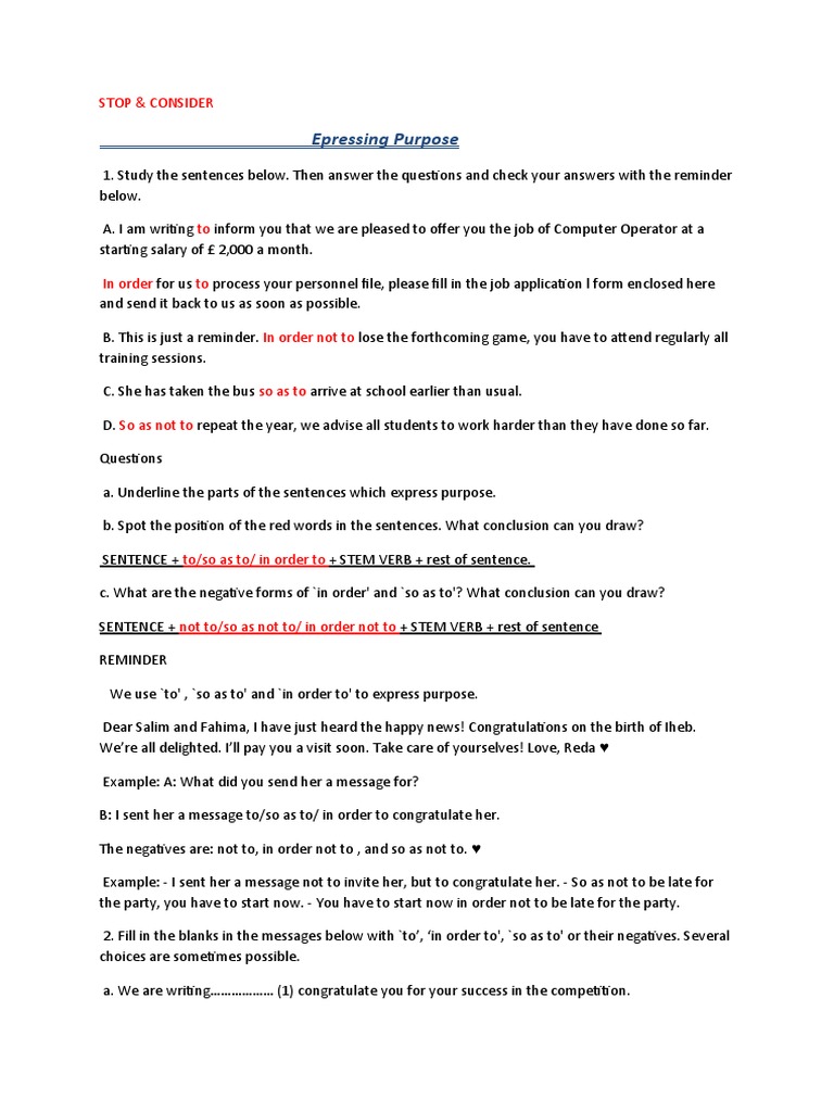 Expressing Purpose | PDF | Sentence (Linguistics) | Languages