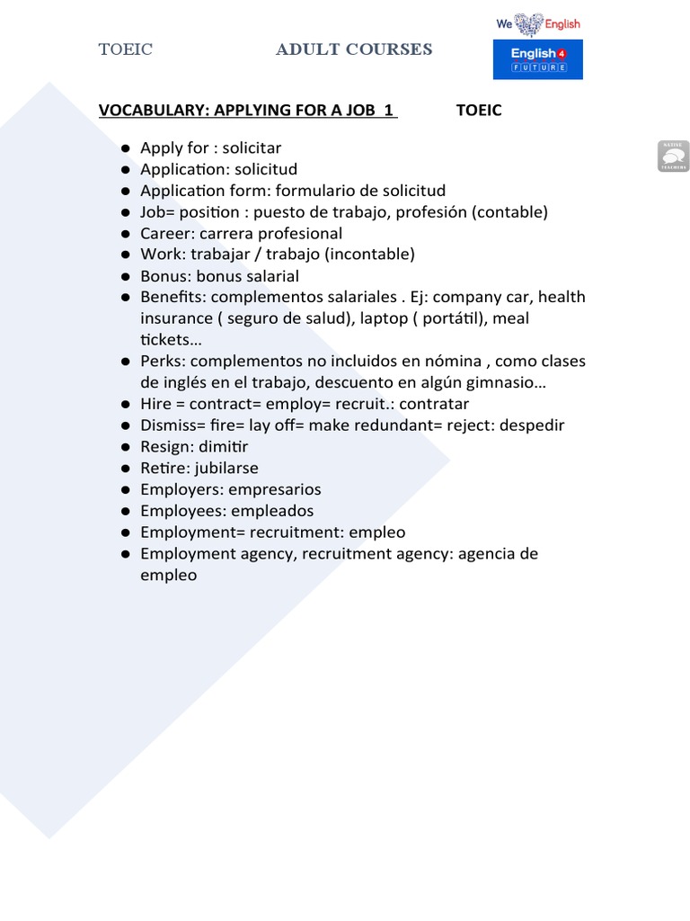 Vocabulary For Applying For A Job | PDF | Crecimiento personal y ...