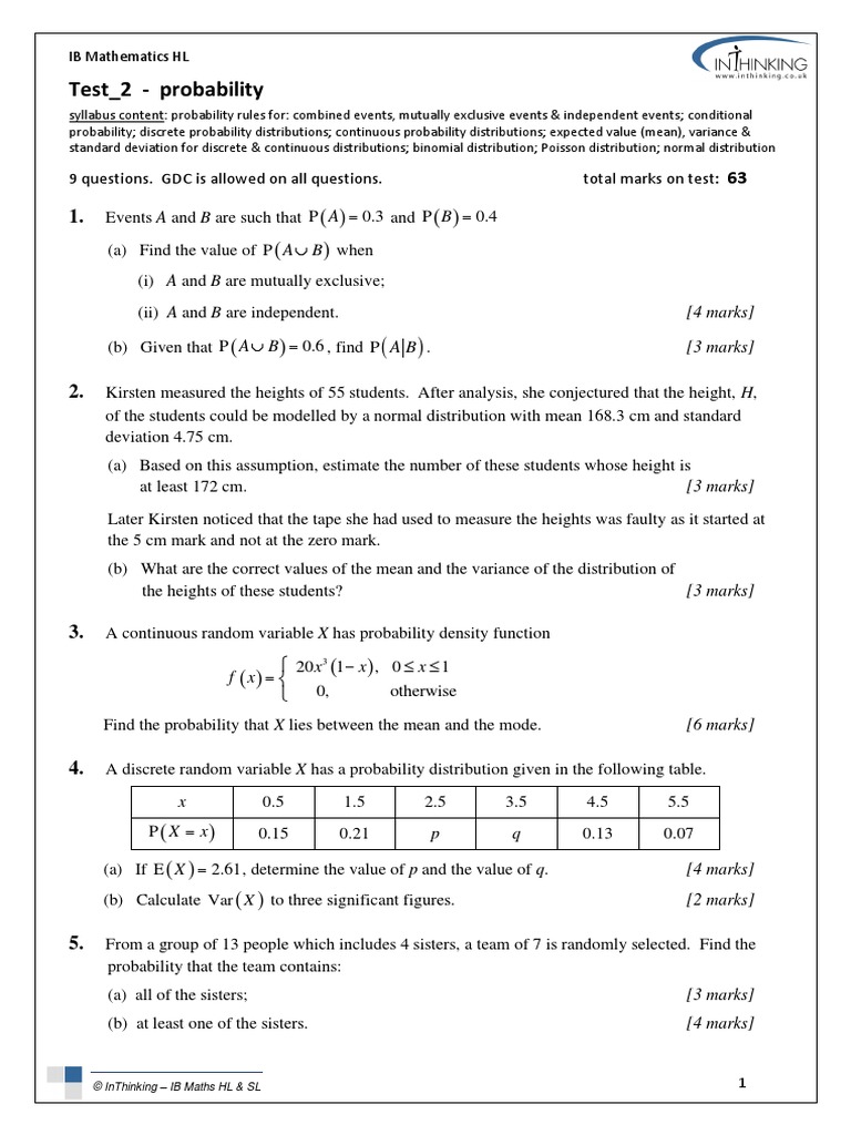 Test - 2 - Probability: IB Mathematics HL | Download Free PDF ...