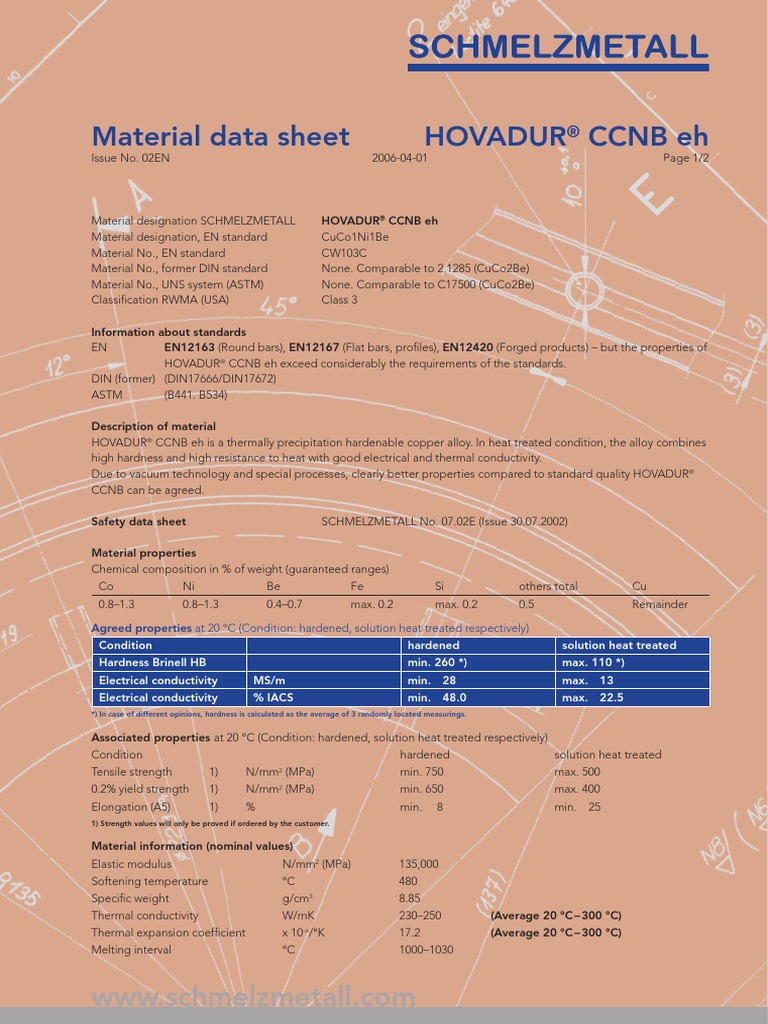 Material Data Sheet Hovadur CCNB Eh: Agreed Properties at 20 °C ...