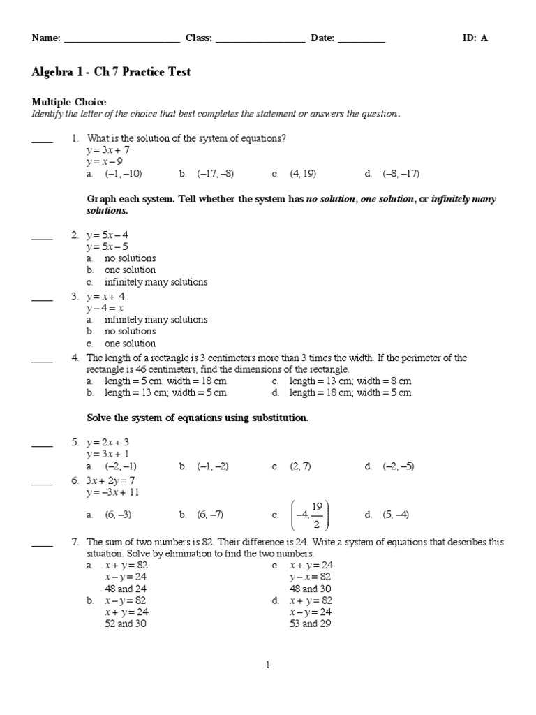 Algebra 1 - CH 7 Practice Test | PDF | Length | System Of Linear Equations