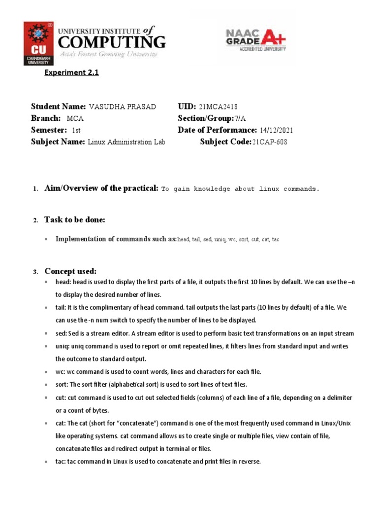 Experiment 2.1: Vasudha Prasad 21MCA2418 MCA 7/A 1st 14/12/2021 Linux Administration Lab | PDF ...