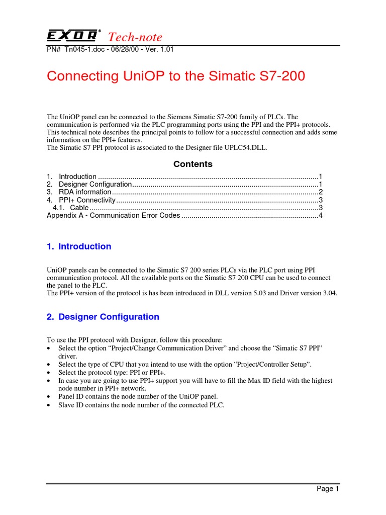 Connecting Uniop To The Simatic S7-200: Tech-Note | PDF | Programmable ...