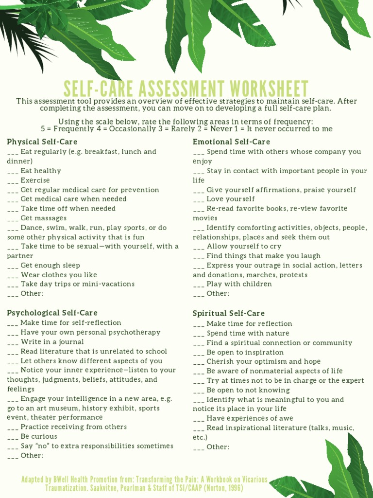 Self-Care Assessment Worksheet | Download Free PDF | Clinical ...