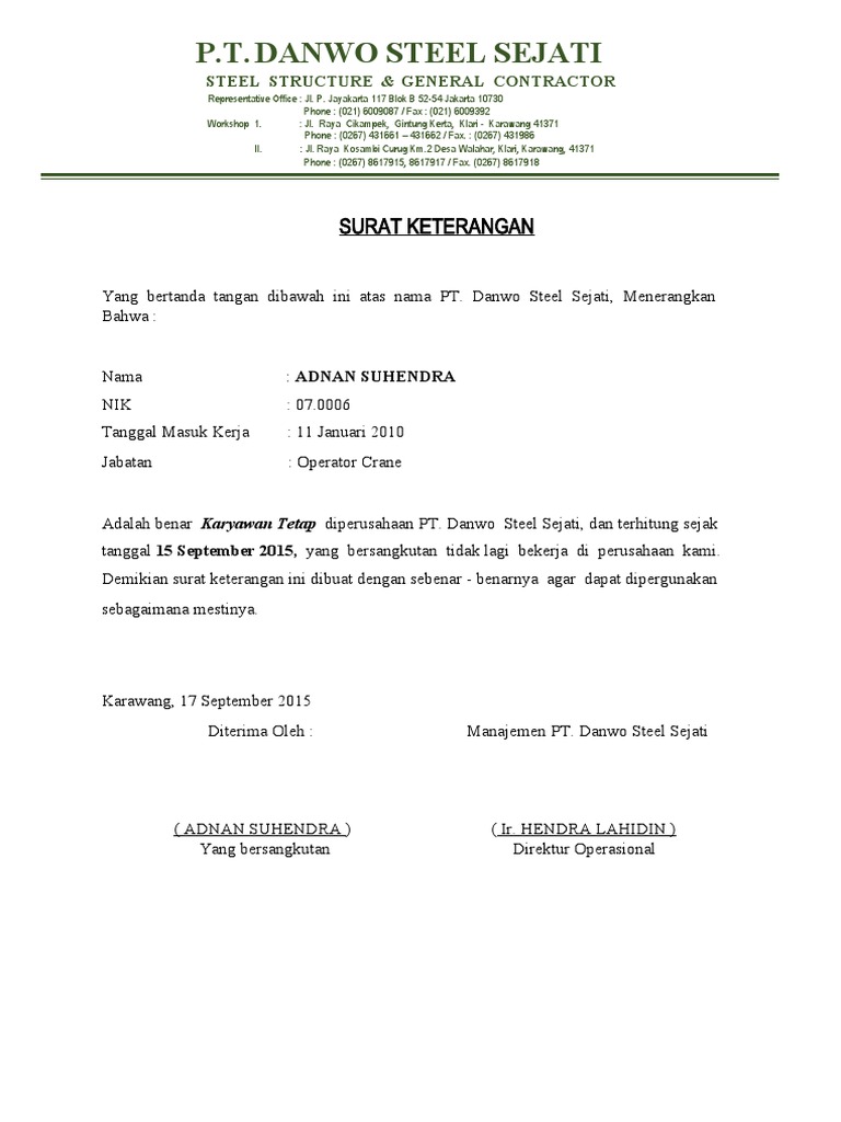 Danwo Steel Sejati: Surat Keterangan | PDF