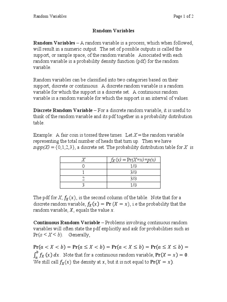 Random Variables Random Variables - A Random Variable Is A Process, Which When Followed | PDF ...