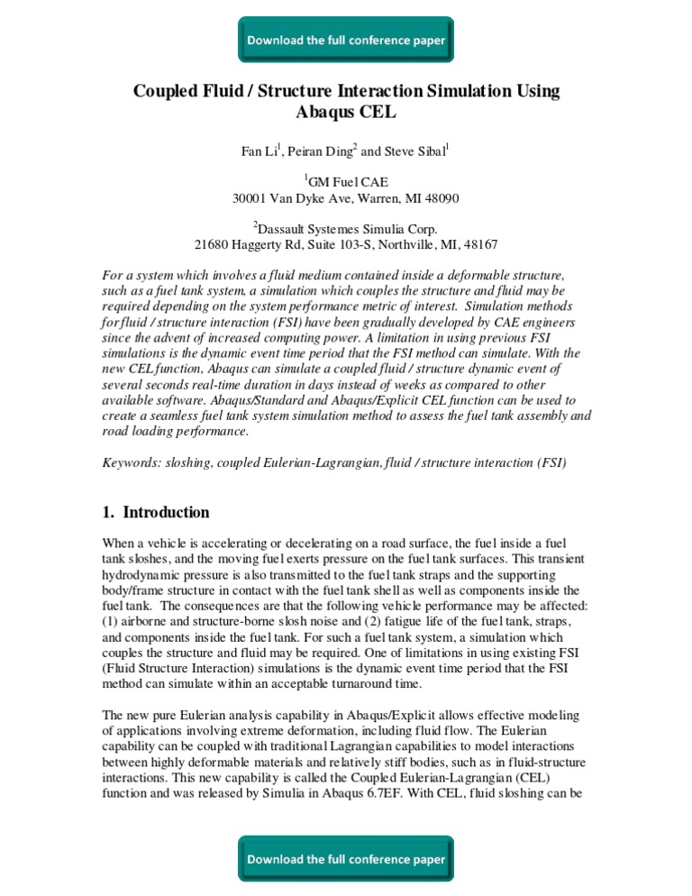 Coupled Fluid Structure Interaction Simulation Using Abaqus Cel Pdf Materials Science