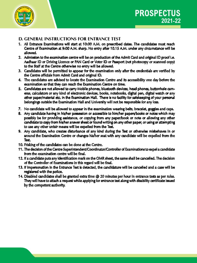 Instructions For Entrance Test | PDF | Identity Document | Government ...