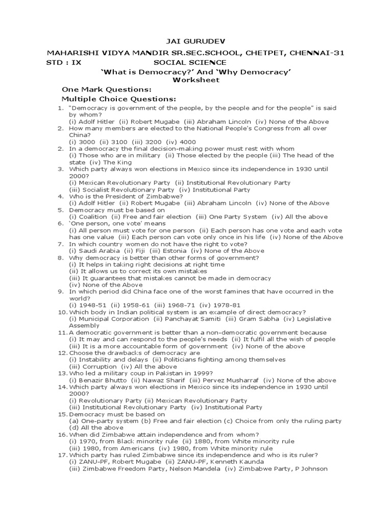 Why Democracy What Democracy Worksheet | Download Free PDF | Democracy ...