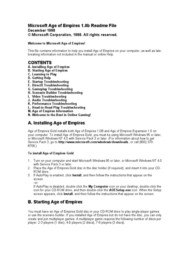 Microsoft Age of Empires 1.0b Readme File: December 1998 © Microsoft Corporation, 1998. All ...