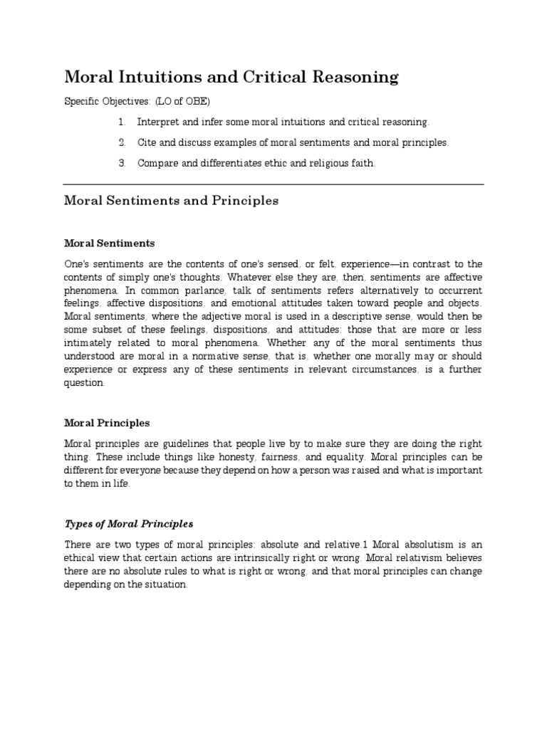 Moral Intuitions and Critical Reasoning HANDOUTS | PDF | Morality | Reason