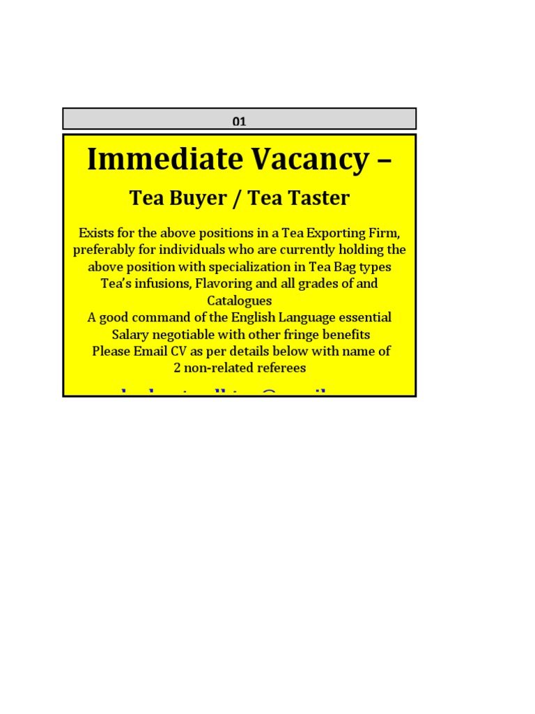 Immediate Vacancy - : Tea Buyer / Tea Taster | PDF | Sales