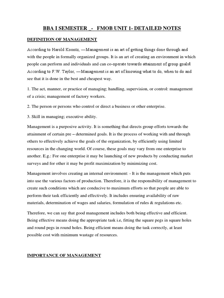 Bba I Semester - Fmob Unit 1 - Detailed Notes: Definition of Management ...