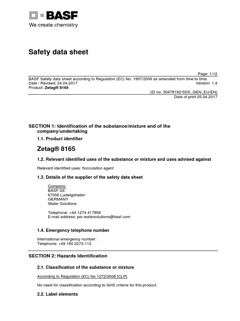 Safety Data Sheet: Zetag® 8165 | Download Free PDF | Dangerous Goods ...