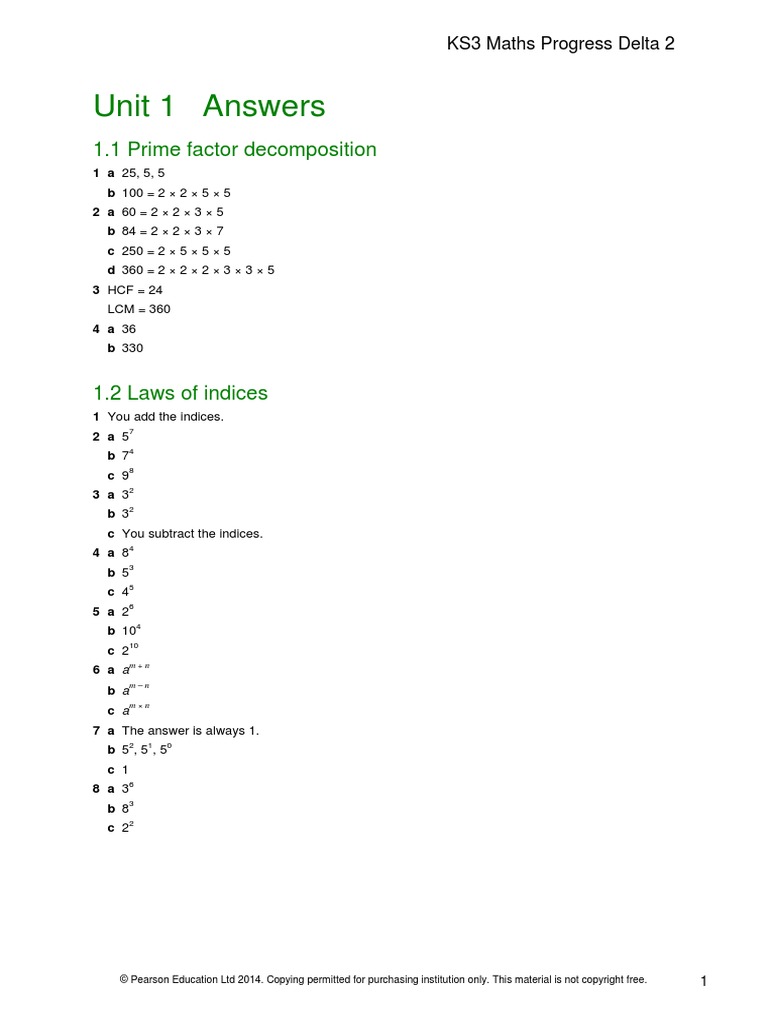 Unit 1 Answers: 1.1 Prime Factor Decomposition | PDF | Area | Triangle
