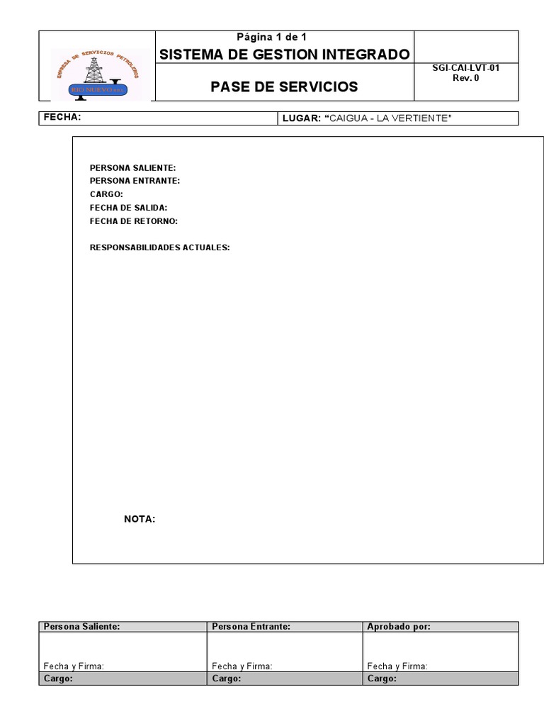 FORMATO - Pase de Servicio | PDF