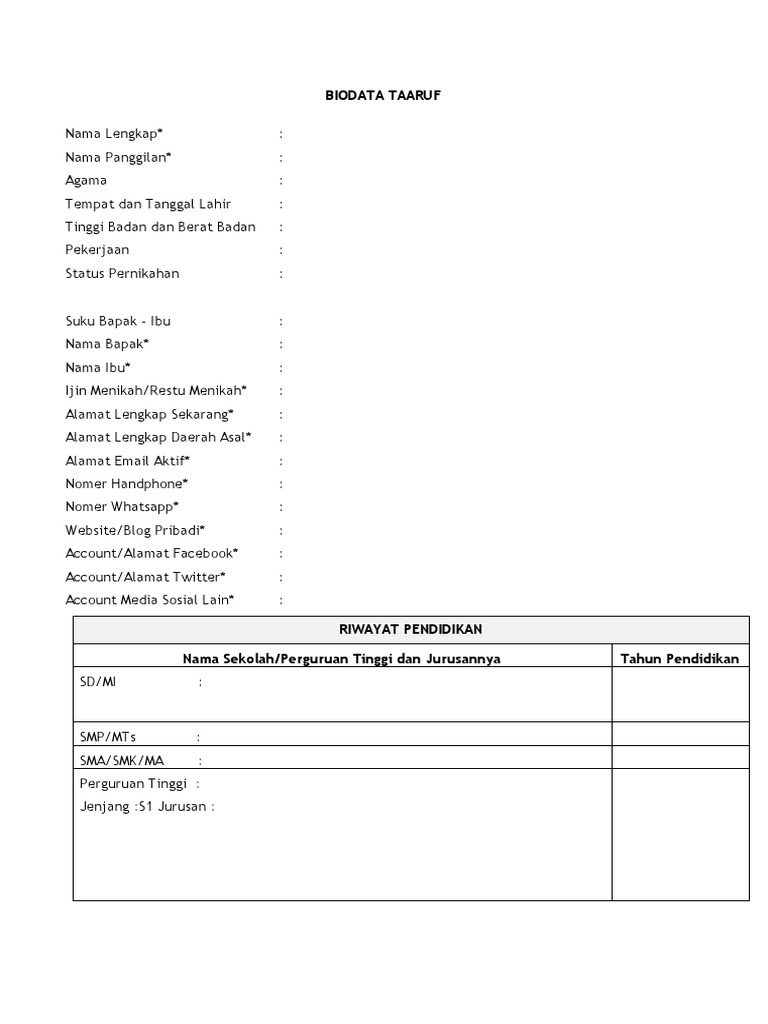 Biodata Taaruf Kosong | PDF | Karier & Perkembangan | Kesehatan Holistik