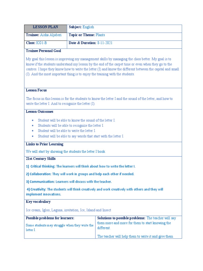 Lesson Plan Letter I | PDF | Lesson Plan | Change
