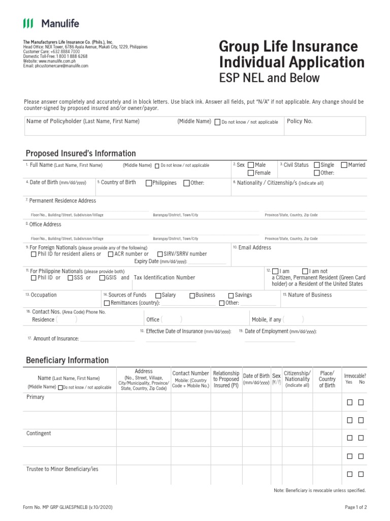 Group Life Insurance Individual Application: ESP NEL and Below | PDF ...