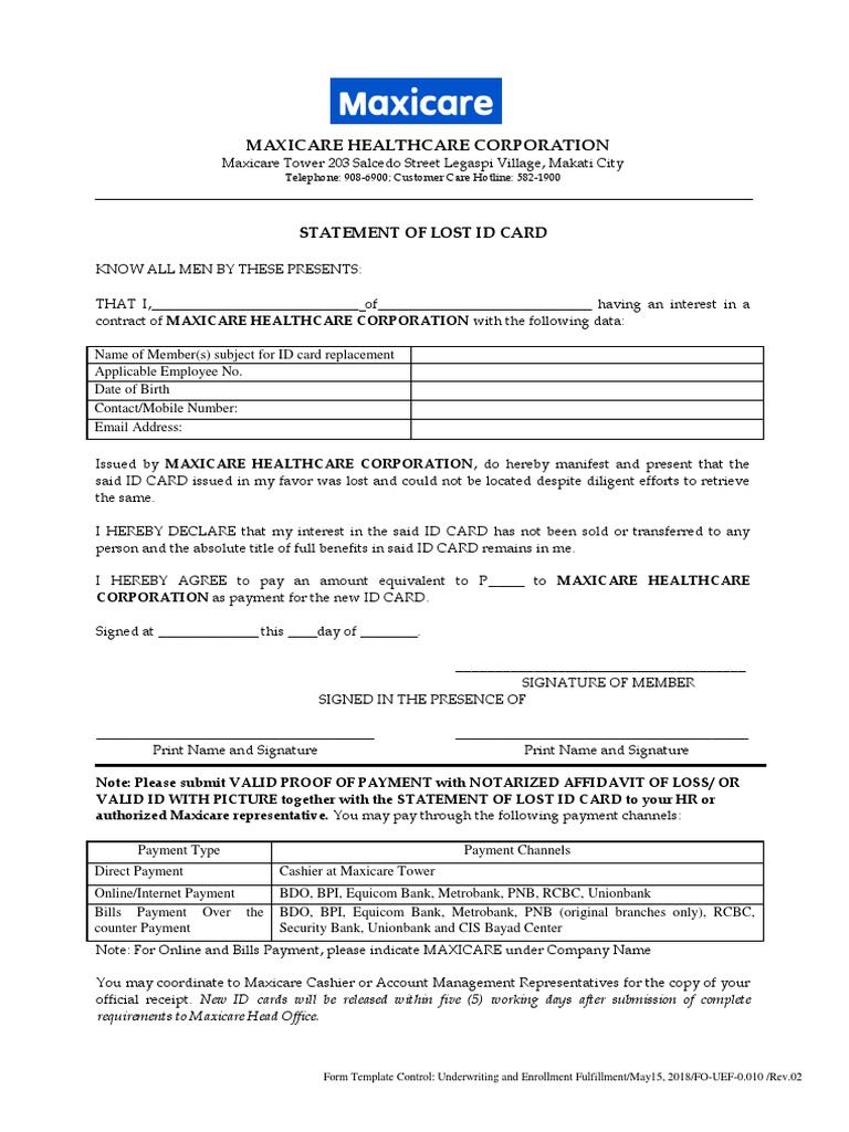 Statement of Lost ID Form | PDF | Identity Document | Payments