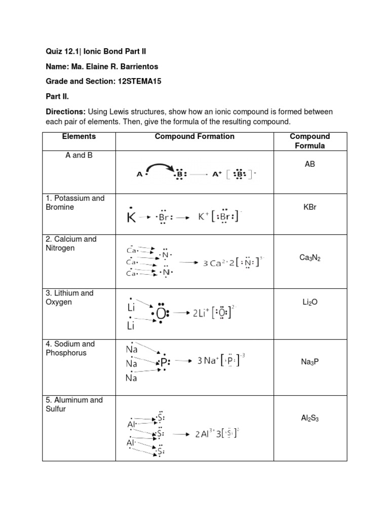 Ionic Bond Quiz Pdf