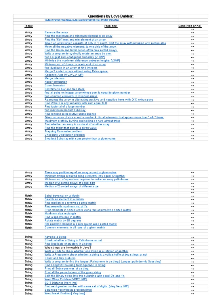 Questions by Love Babbar:: Topic: Problem: Done (Yes or No) | PDF ...