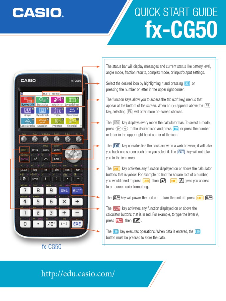 Casio fx-CG50 Quick Start Guide | PDF | Equations | Icon (Computing)
