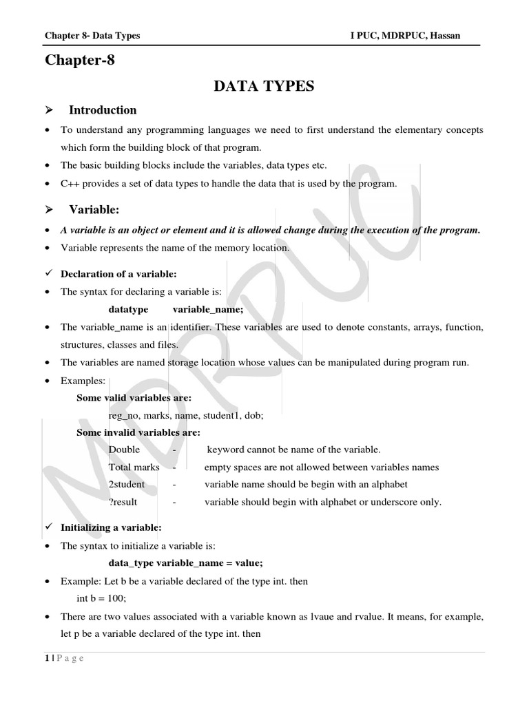 Chapter 8 Data Types | Download Free PDF | Variable (Computer Science ...
