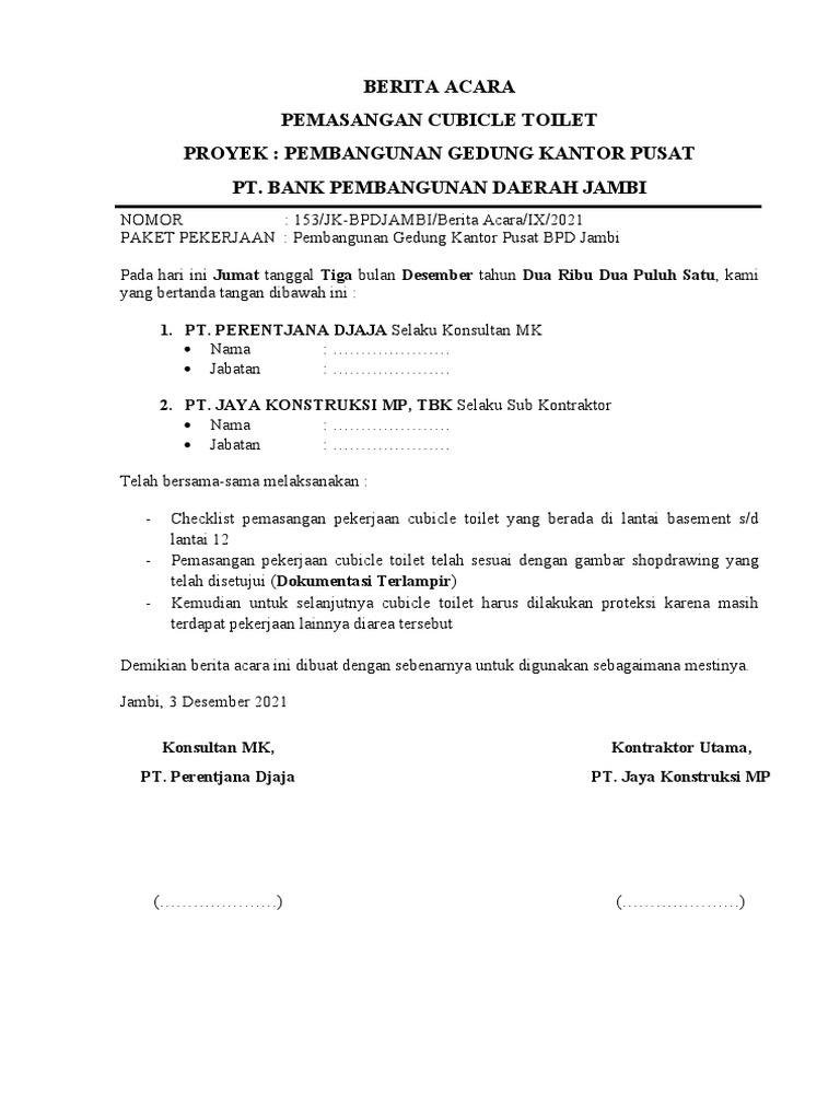 BA Checklist Pemasangan Cubicle Toilet | PDF