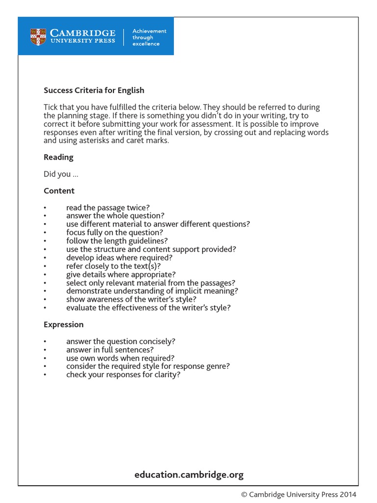 Sample Success Criteria Checklist | PDF | Vocabulary | Writers