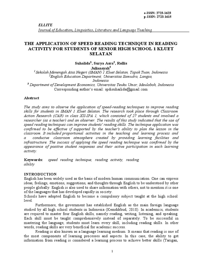 The Application of Speed Reading Technique in Reading Activity For ...