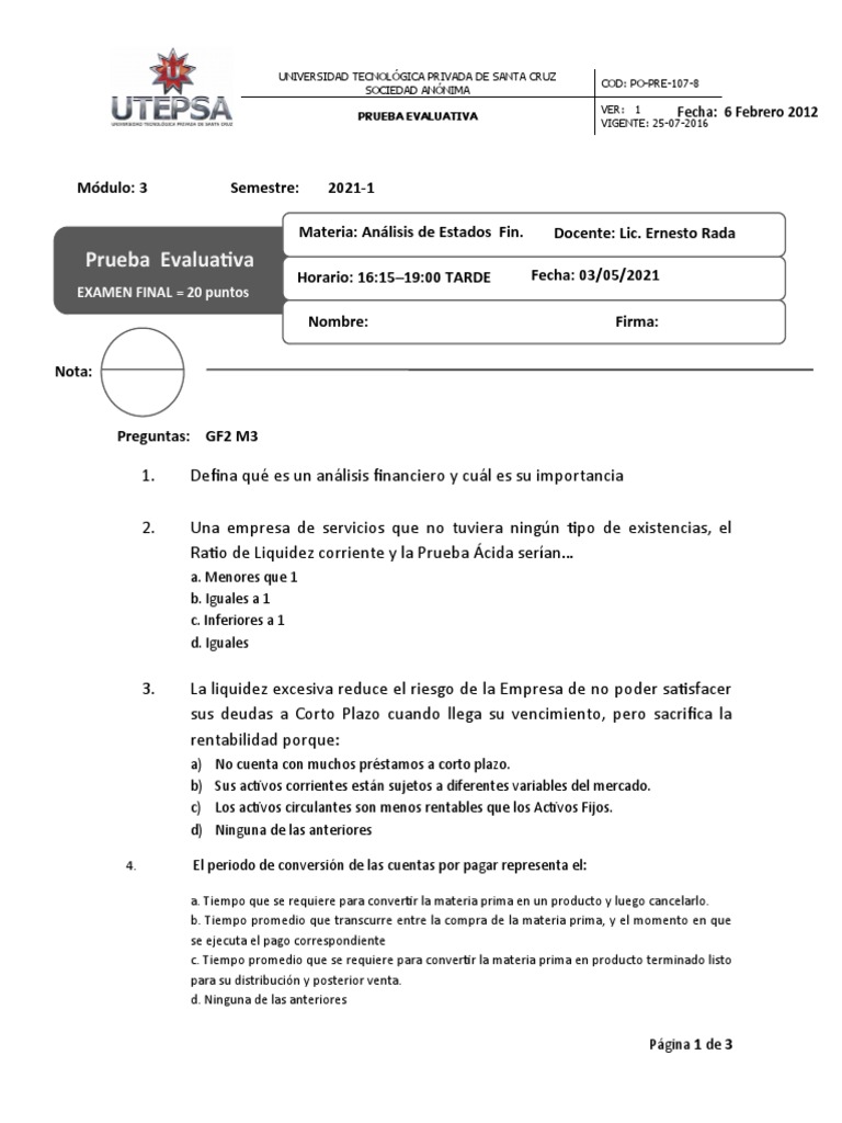 Po-Pre-107-8 Prueba Eval Mod 3 Final | PDF | Liquidez de mercado | Inversiones