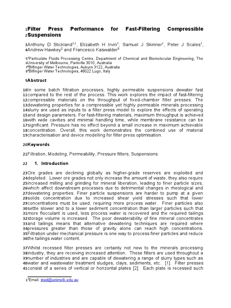 Filter Press Performance For Fast-Filtering Compressible Suspensions ...