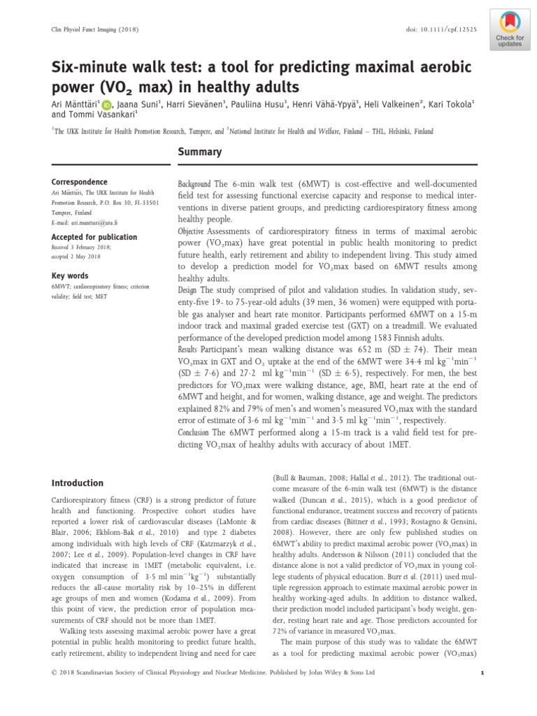 Six-Minute Walk Test A Tool For Predicting Maximal Aerobic Power (VO2 ...