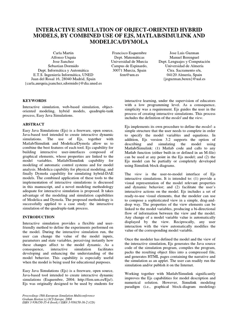 Interactive Simulation Of Object Oriented Hybrid Models By Combined Use Of Ejs Matlab Simulink