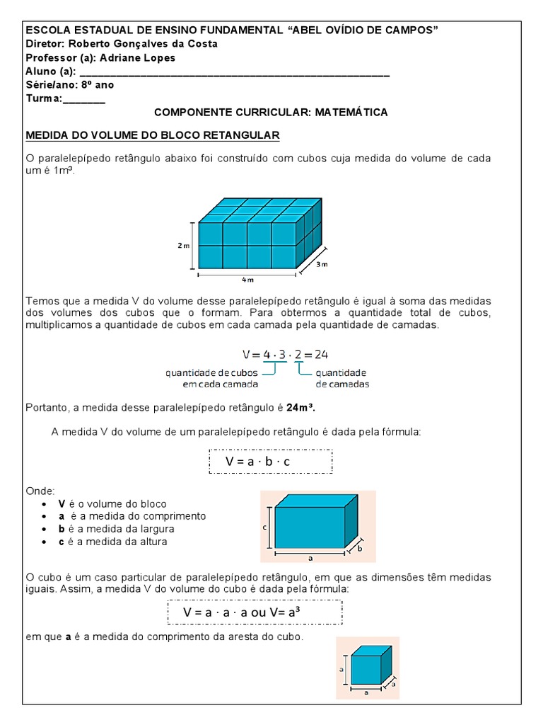 Medida do volume de um paralelepípedo retangular e resolução de ...