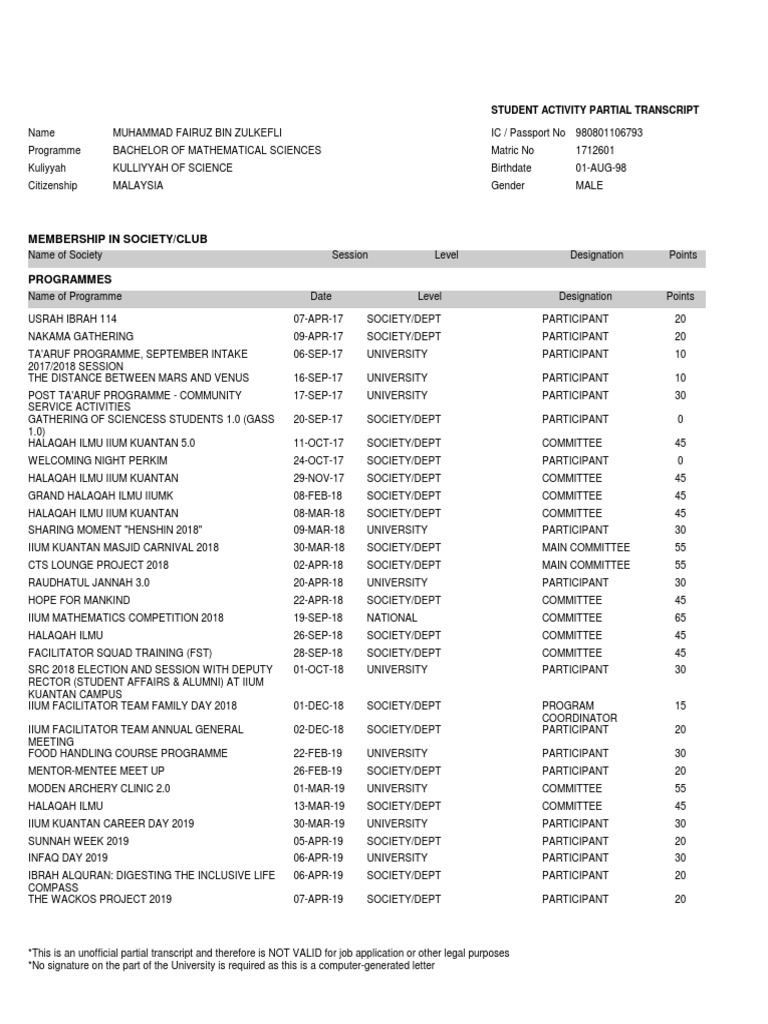 Membership in Society/Club: Student Activity Partial Transcript | PDF
