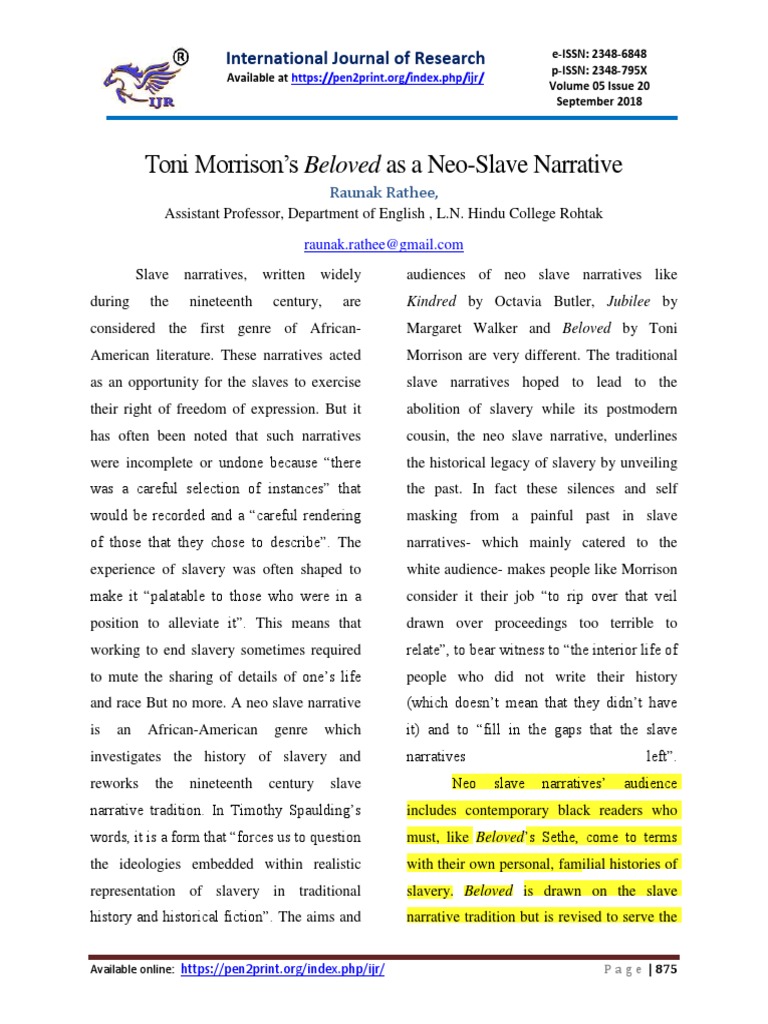 Toni Morrison's Beloved As A Neo-Slave Narrative: International Journal ...
