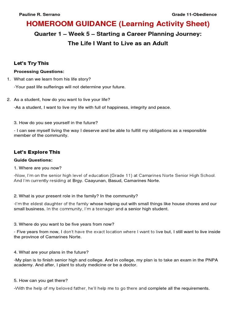 HOMEROOM GUIDANCE (Learning Activity Sheet) | Download Free PDF | Goal ...
