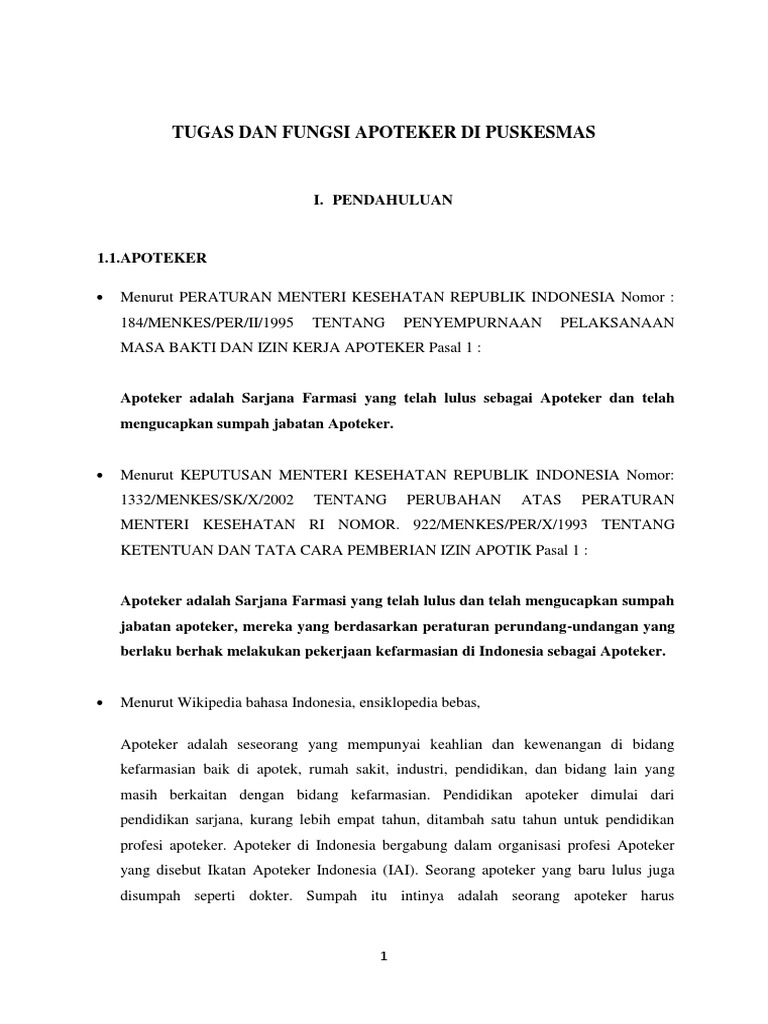 Tugas Dan Fungsi Apoteker Di Puskesmas | PDF Tugas Dan Fungsi Apoteker Di Puskesmas | PDF