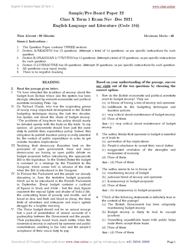 Sample/Pre-Board Paper 22 Class X Term 1 Exam Nov - Dec 2021 English Language and Literature ...