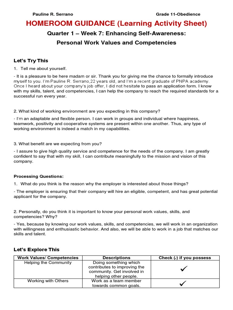 HOMEROOM GUIDANCE (Learning Activity Sheet) | PDF | Competence (Human ...