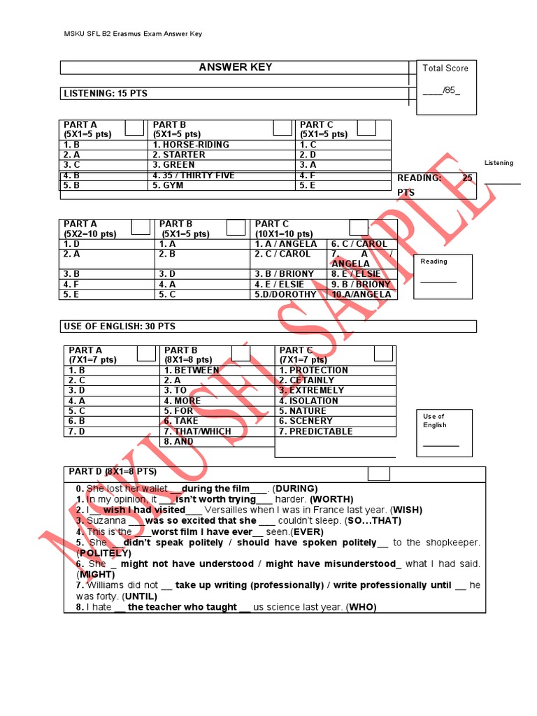 B2 Erasmus Answer Key | PDF