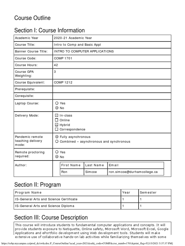 Comp 1701 Course Outline 2020-2021 | PDF | Microsoft Office | Office 365