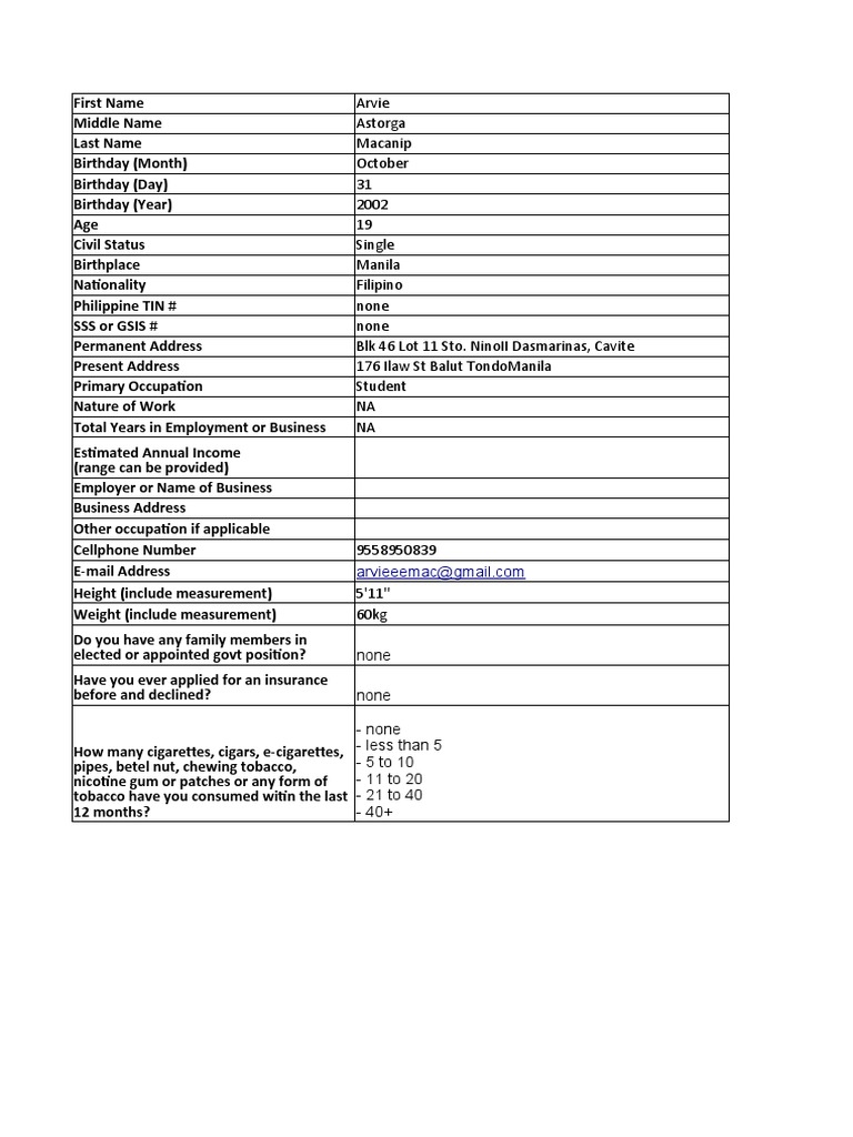 Personal Information and Medical History Form for Life Insurance ...