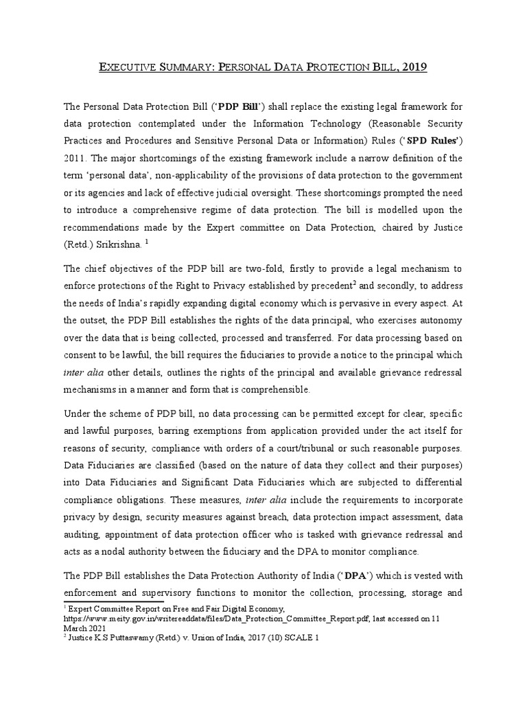 Summary - Personal Data Protection Bill | PDF | Information Privacy ...